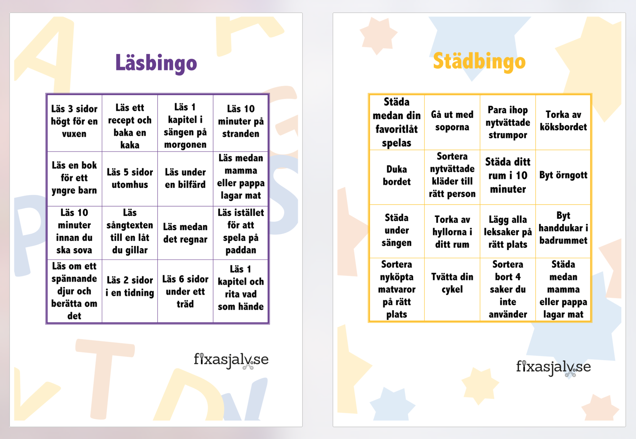 Läsbingo och städbingo- gratis bingobrickor
